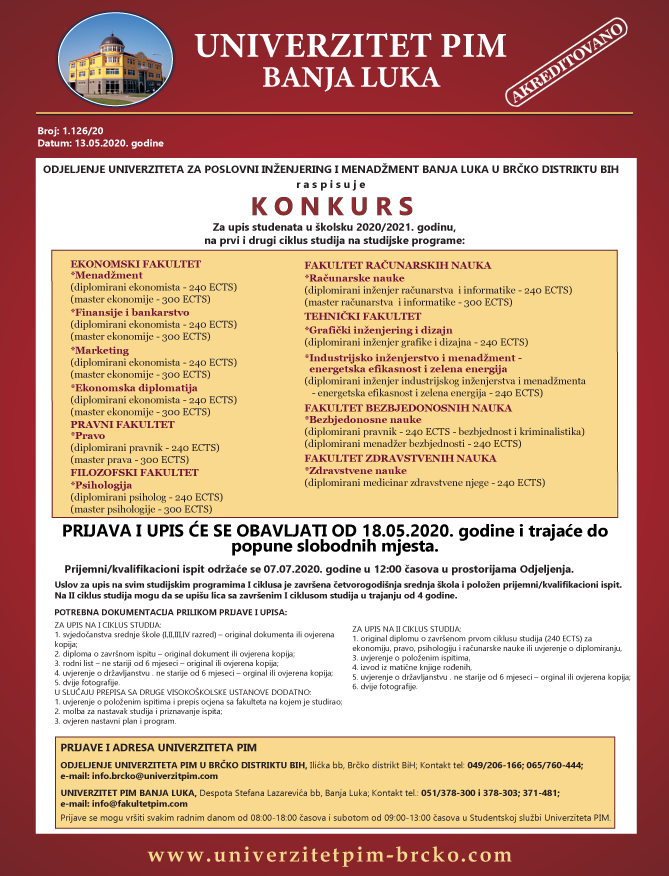 Konkurs za prvi i drugi ciklus studija - Univerzitet PIM Brčko Distrikt